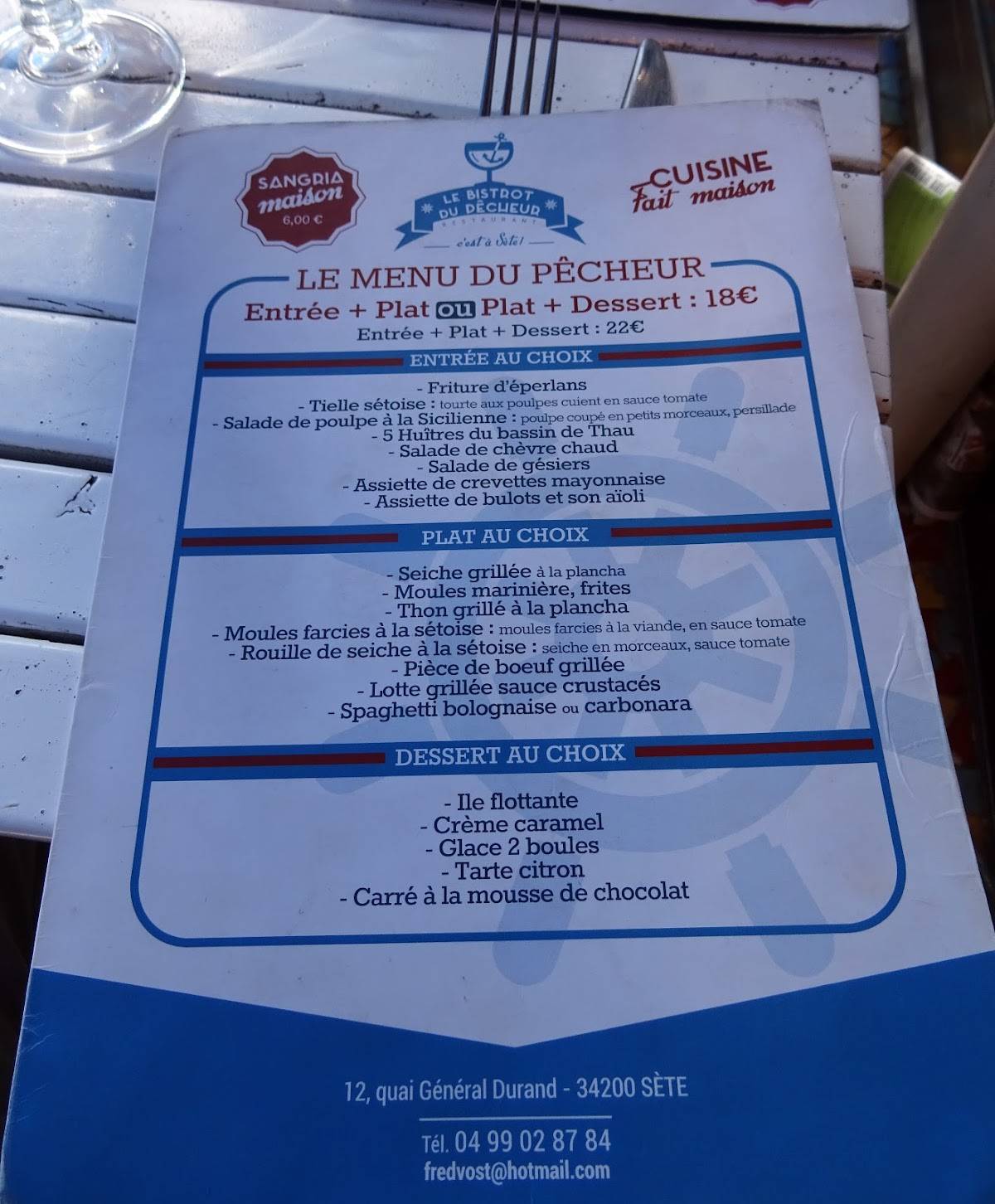 Menu au Le Bistrot du Pêcheur restaurant, Sète