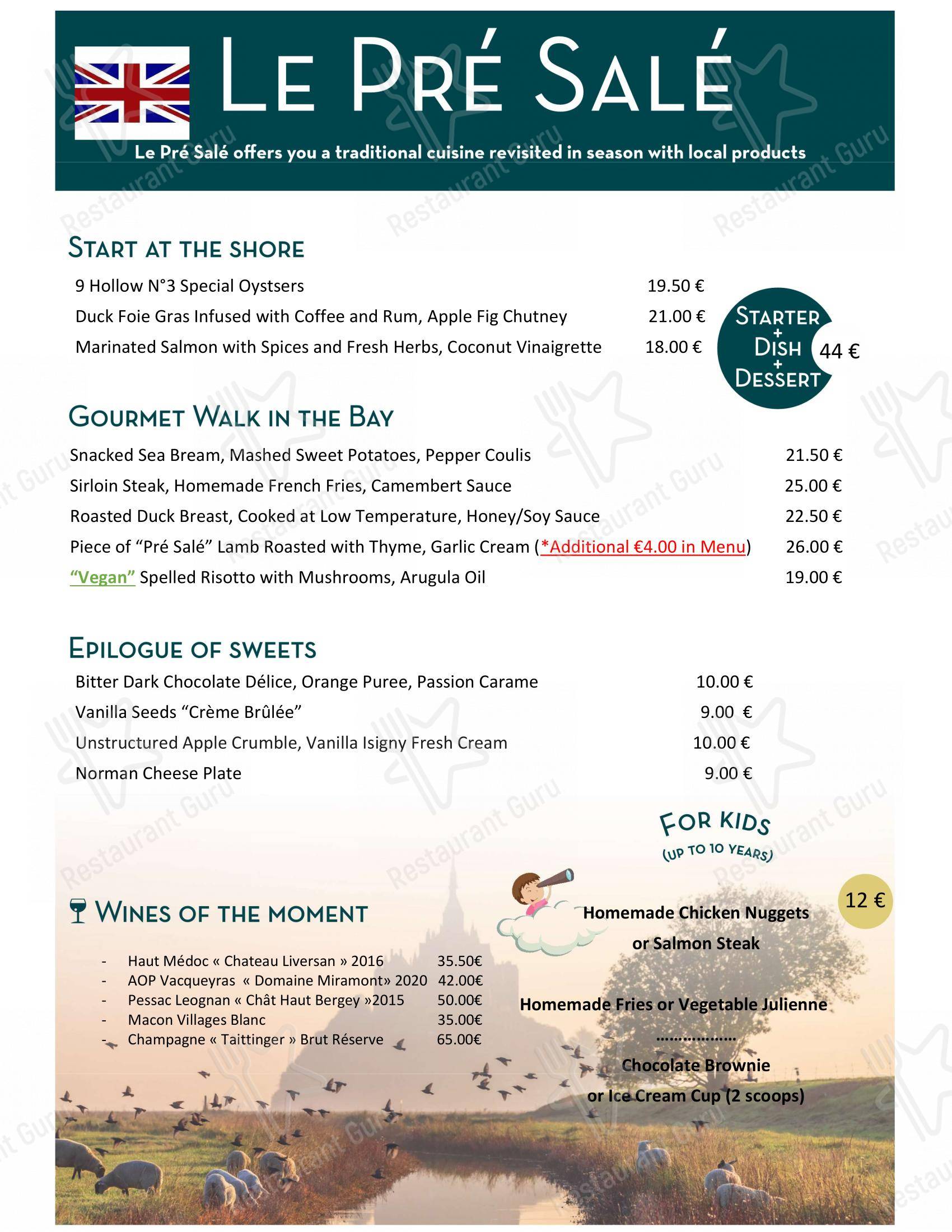 Menu au Restaurant Le Pré Salé, Le Mont-Saint-Michel, Rte du Mont Saint ...