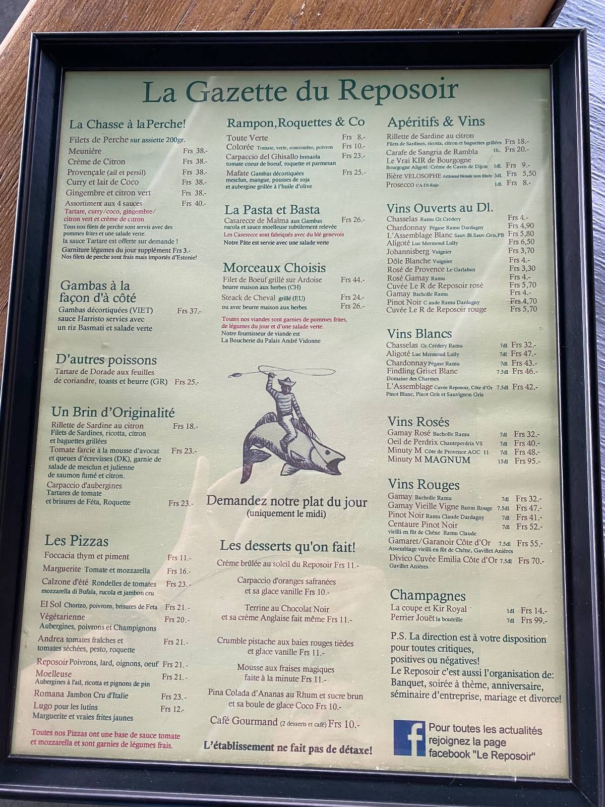 Menu au Restaurant de la plage Le Reposoir, Pregny-Chambésy, Rte de ...