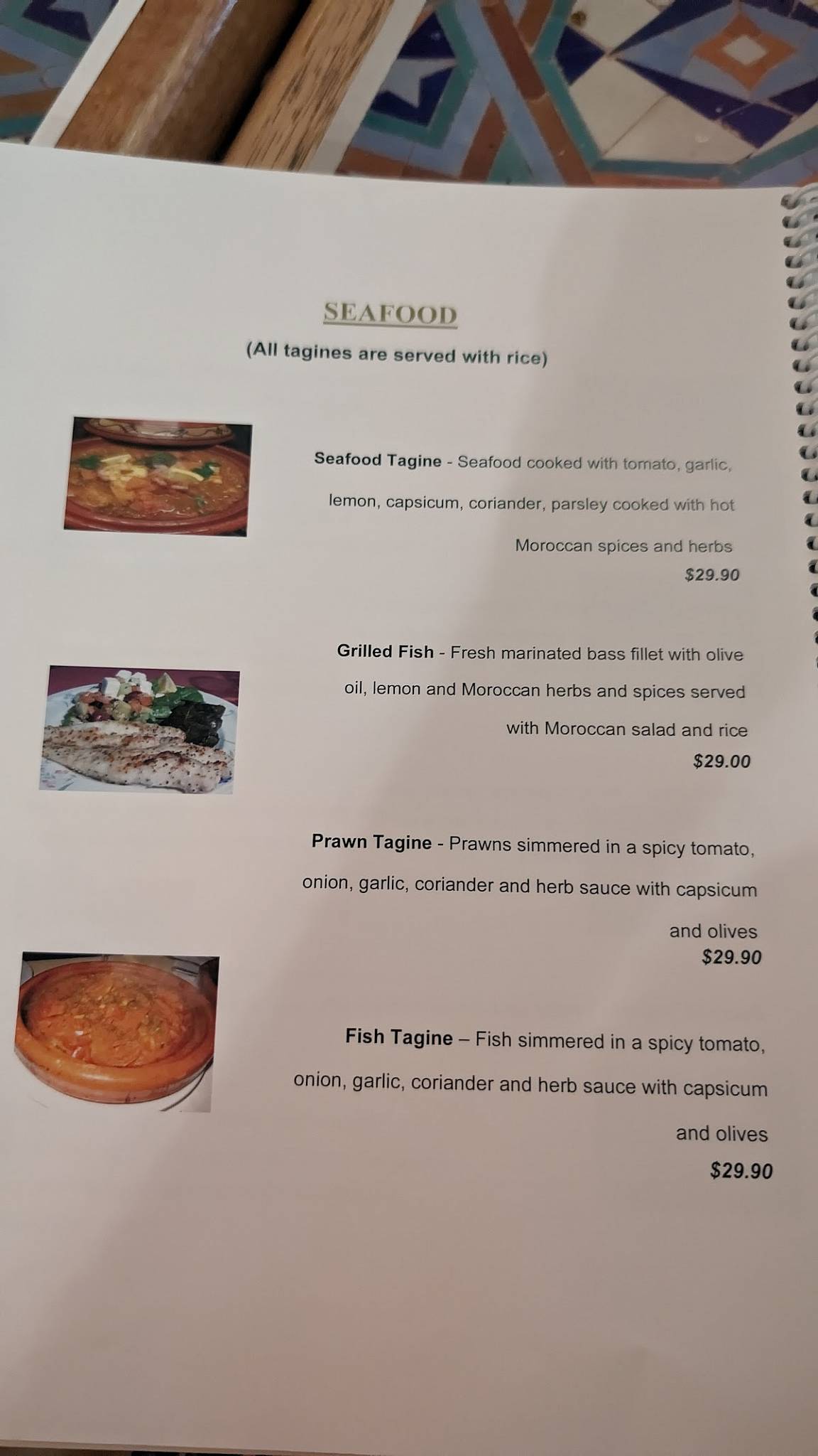 Menu at Le Riad Restaurant, Adelaide