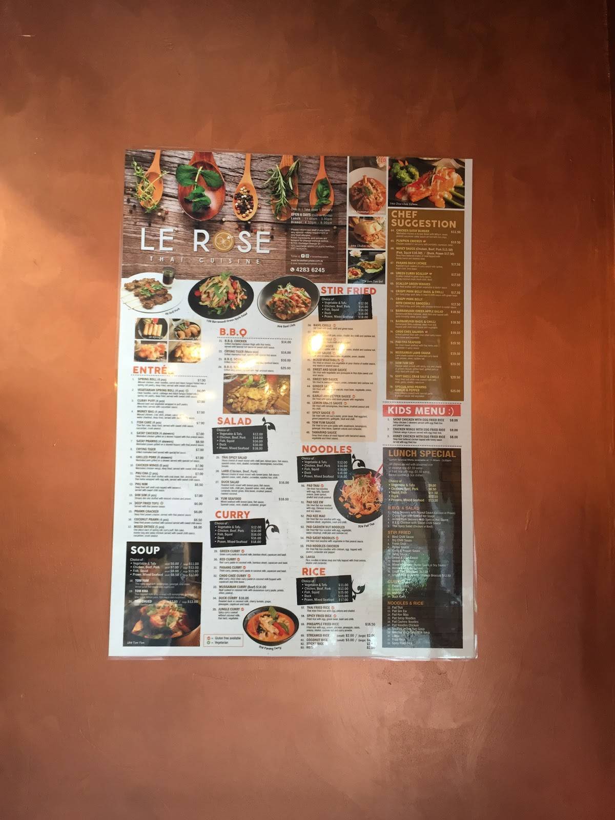 Menu at Le Rose Thai Cuisine restaurant, Tarrawanna