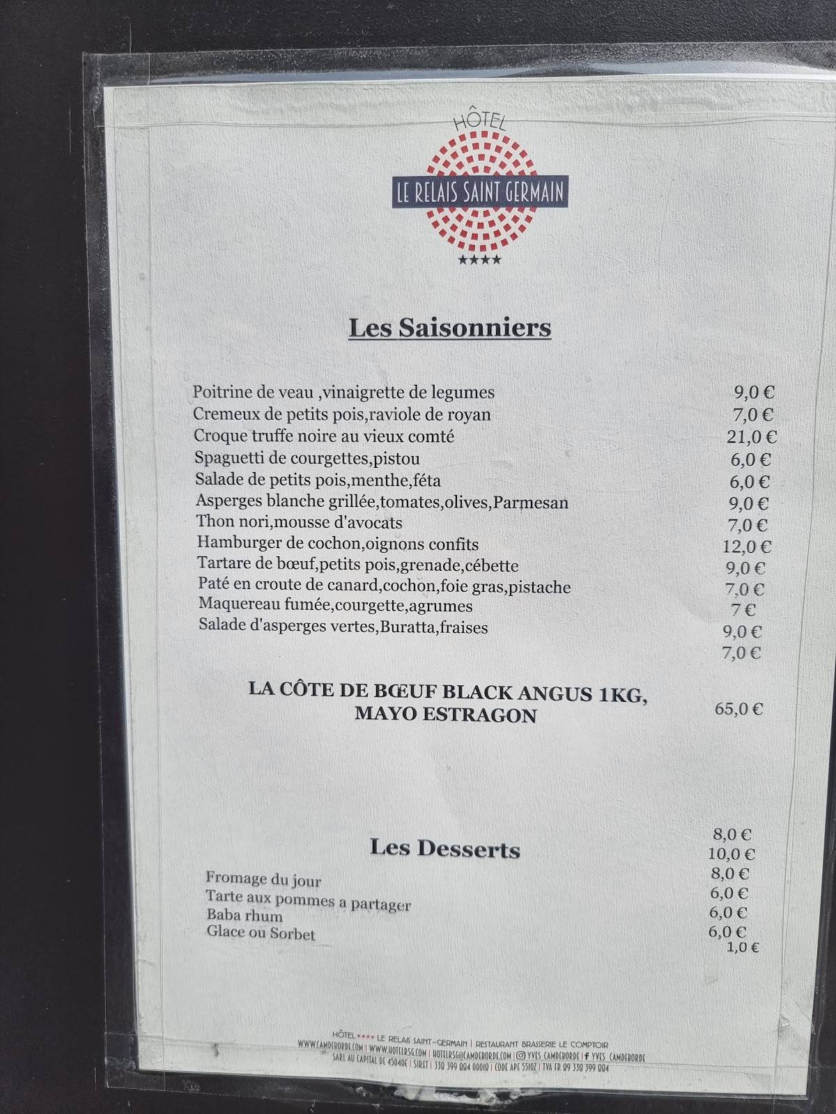Menu at Le comptoir du Relais cafe, Paris, 9 Carr de l'Odéon