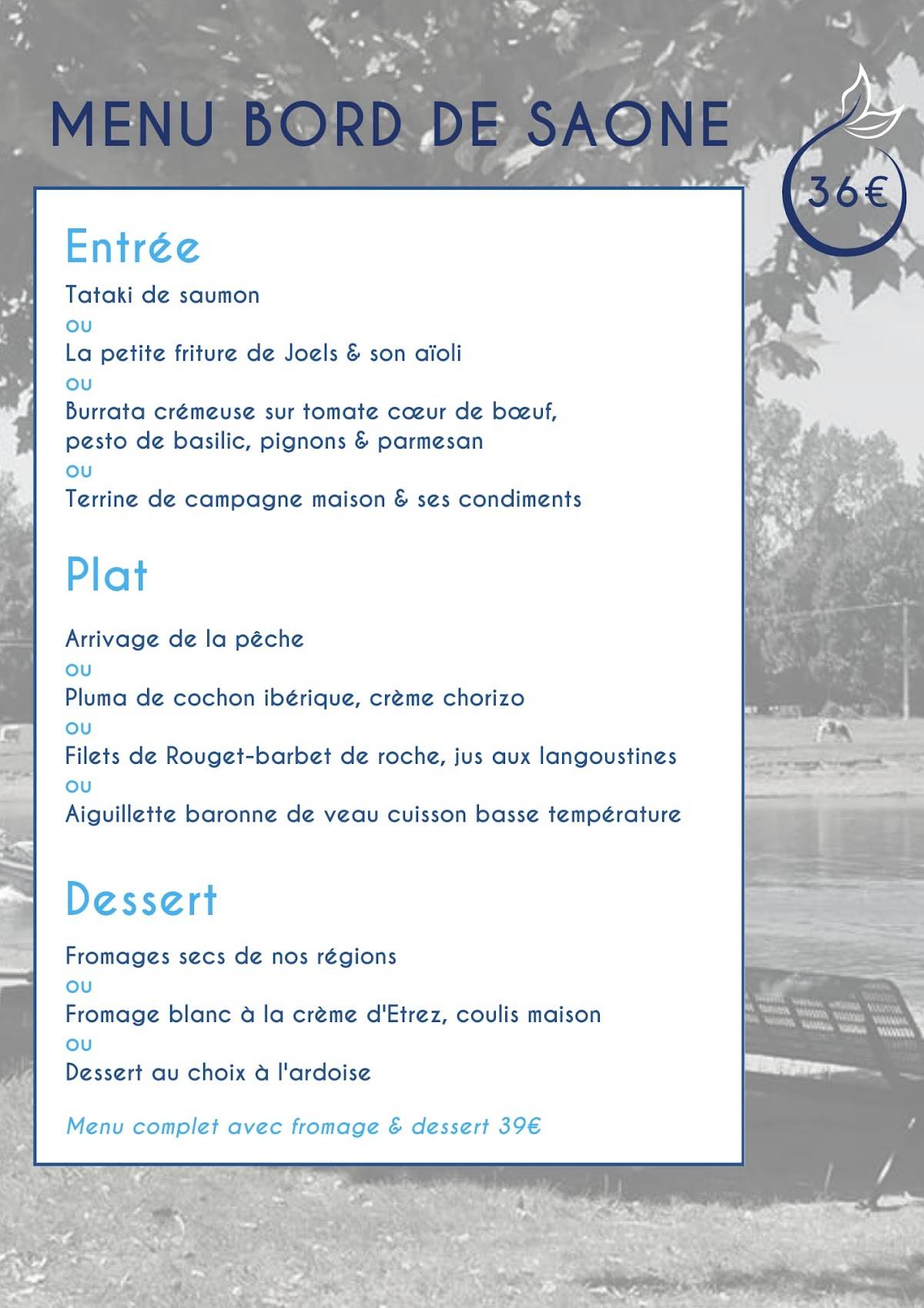 Menu au L'eau Douce restaurant, Montmerle-sur-Saône, 53 Rue de Mâcon