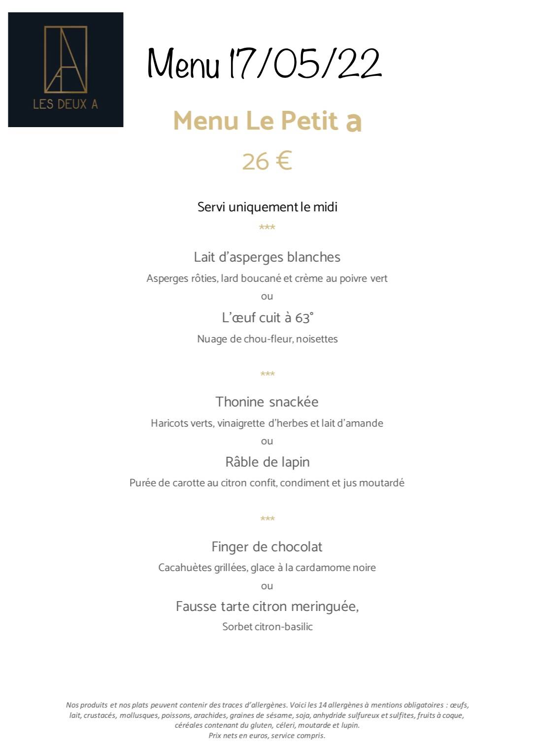 Menu au Restaurant Les Deux A, La Mézière
