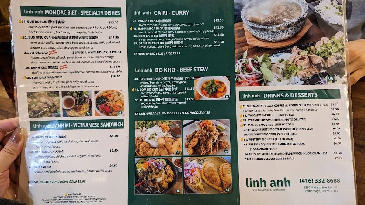 Menu au Linh Anh Vietnamese Cuisine restaurant, Toronto, Midland Ave Unit 1