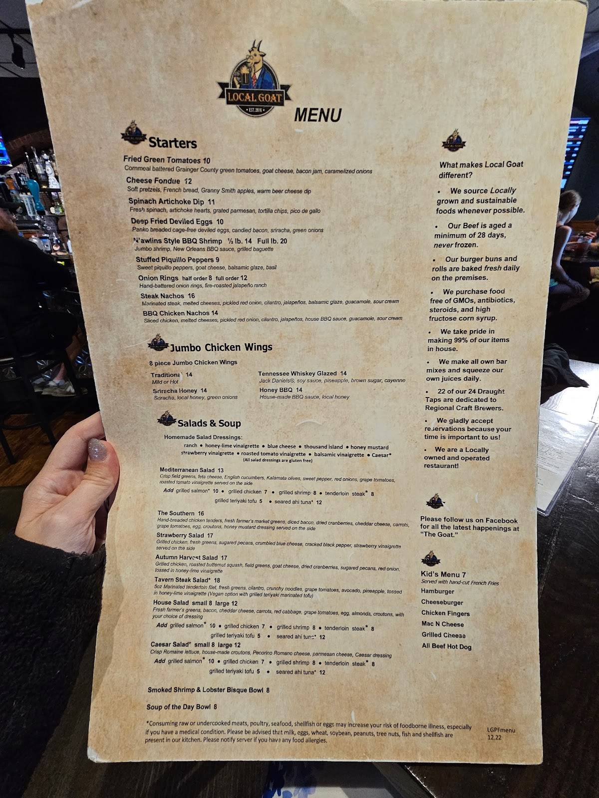 Menu at Local Goat New American Restaurant, Pigeon Forge