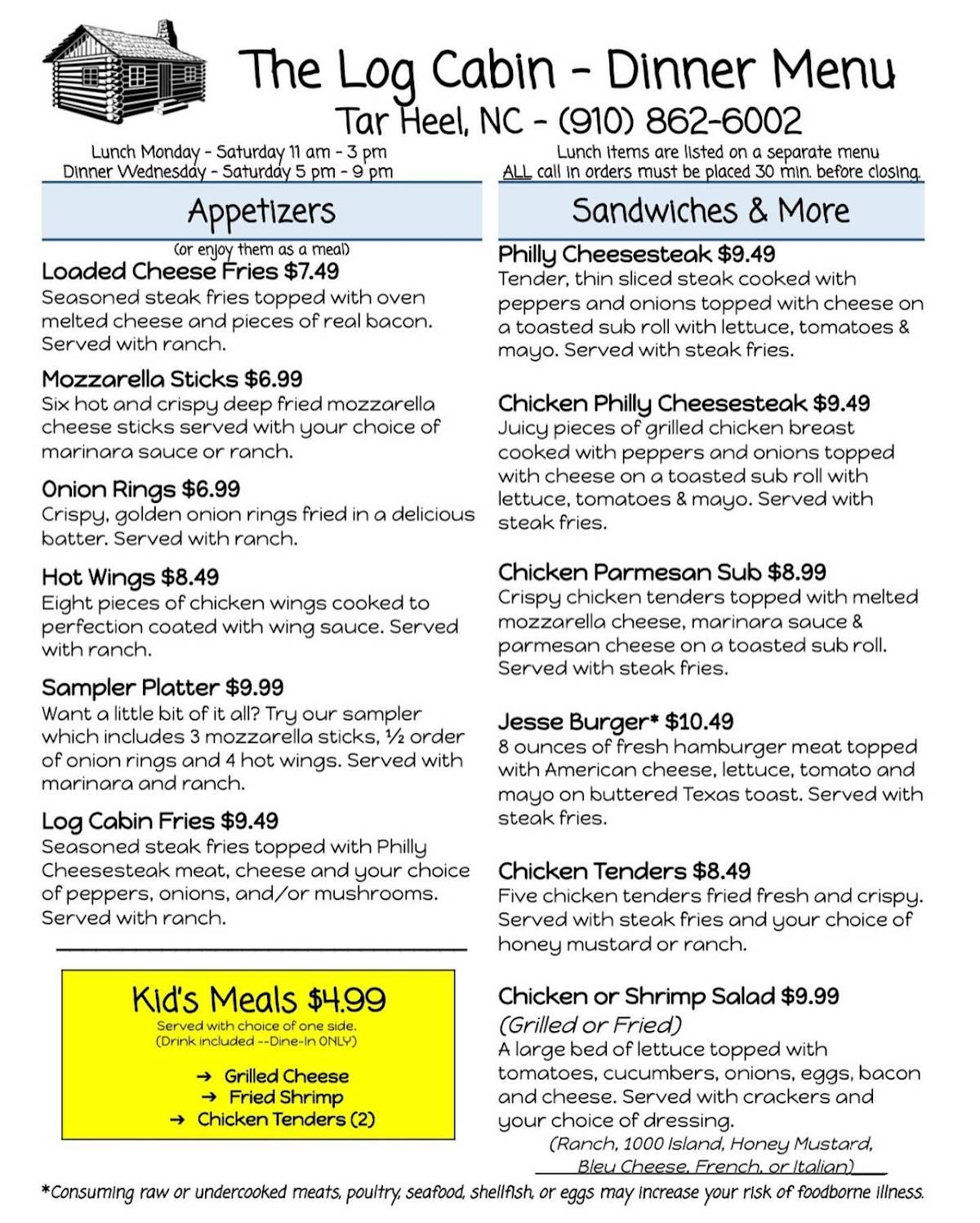 Menu at The Log Cabin Restaurant, Tar Heel