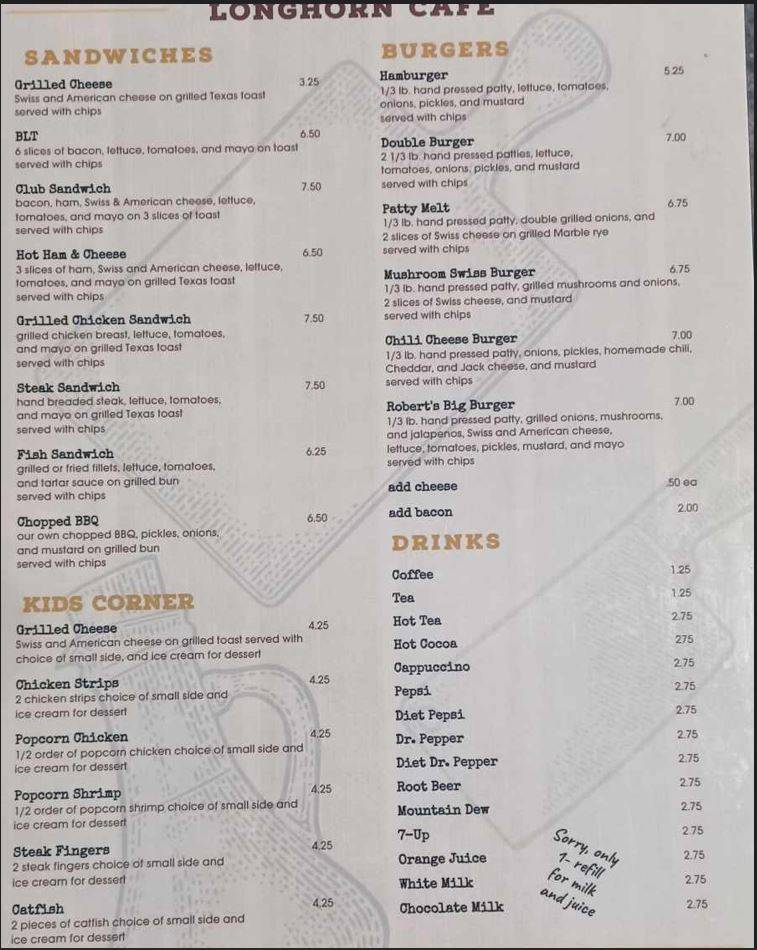 Menu at Longhorn Cafe, Bowie