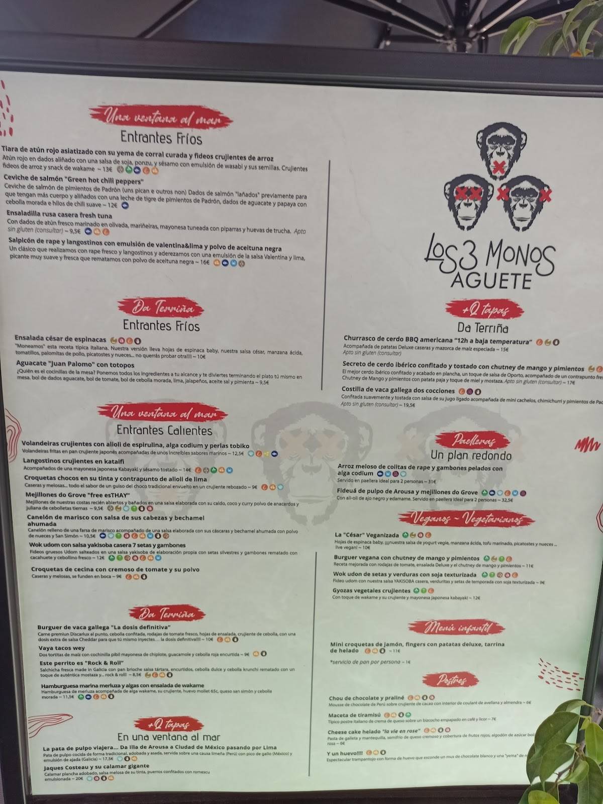 Carta del restaurante Los 3 Monos Aguete, Marín