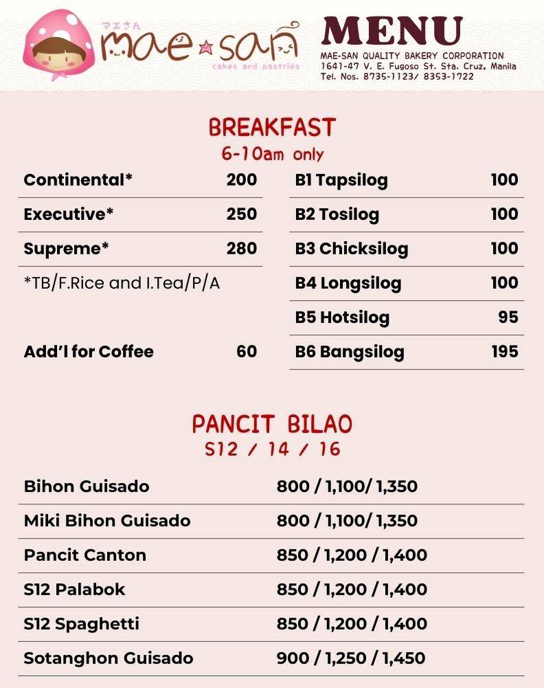Menu at Mae San Cakes & Pastries restaurant, Manila