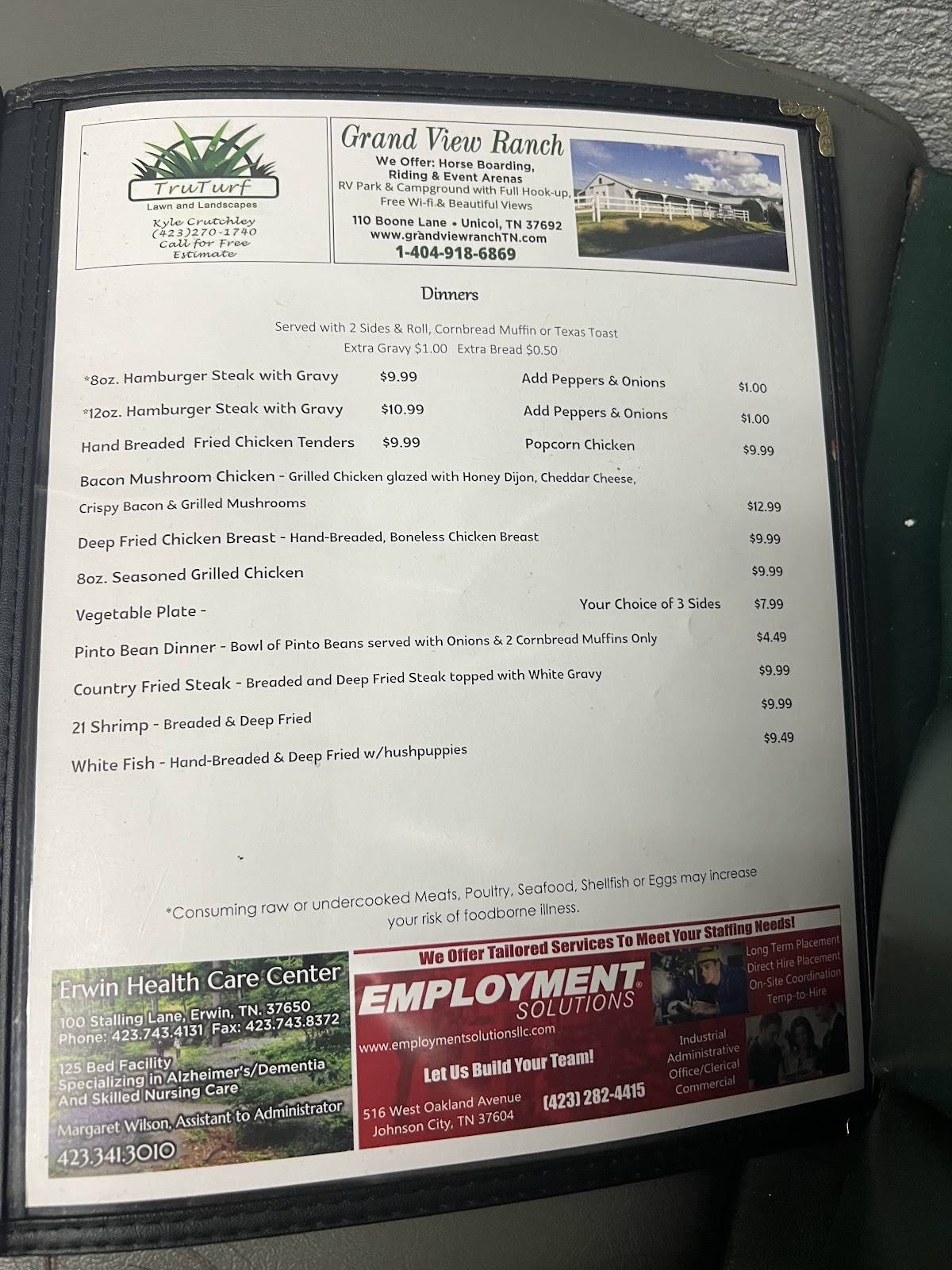 Menu at Maple Grove Restaurant, Unicoi