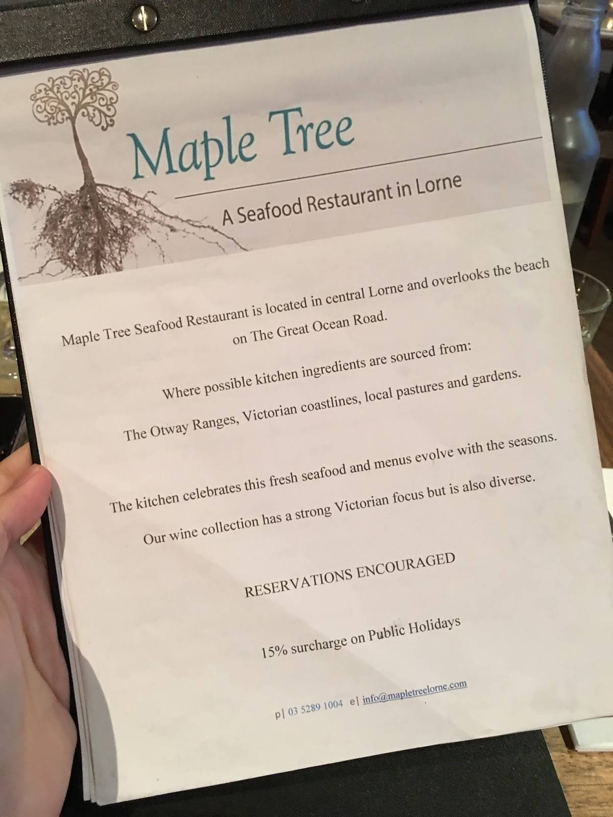Menu at Maple Tree Lorne Seafood Restaurant, Lorne