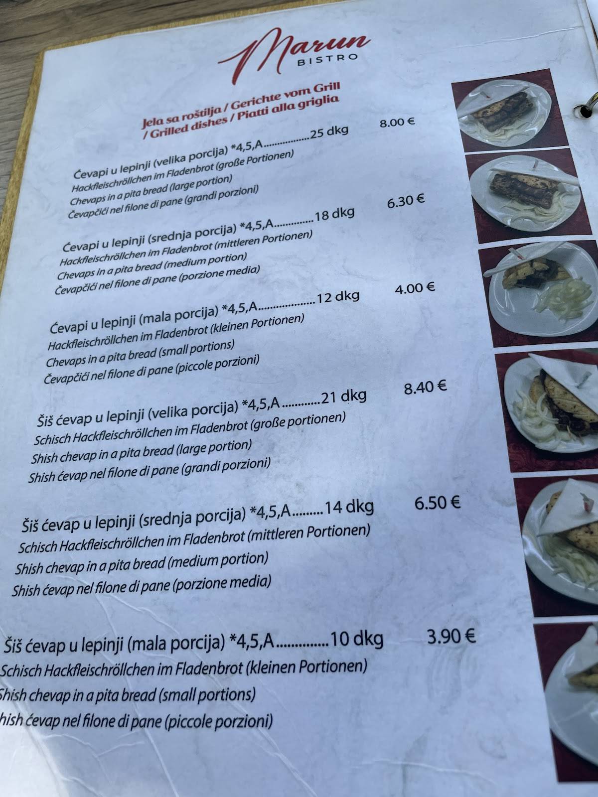 Menu at Marun restaurant, Rijeka