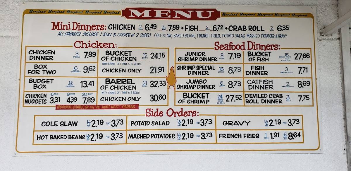 Menu at Maryland Fried Chicken restaurant, Plant City