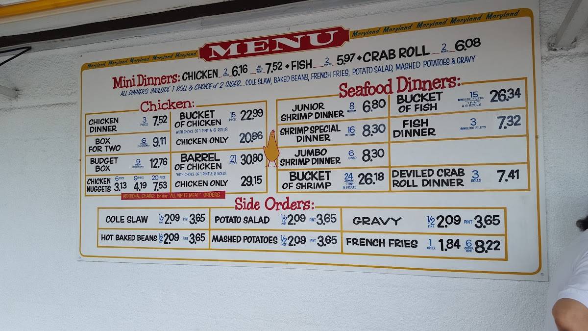 Menu at Maryland Fried Chicken restaurant, Plant City