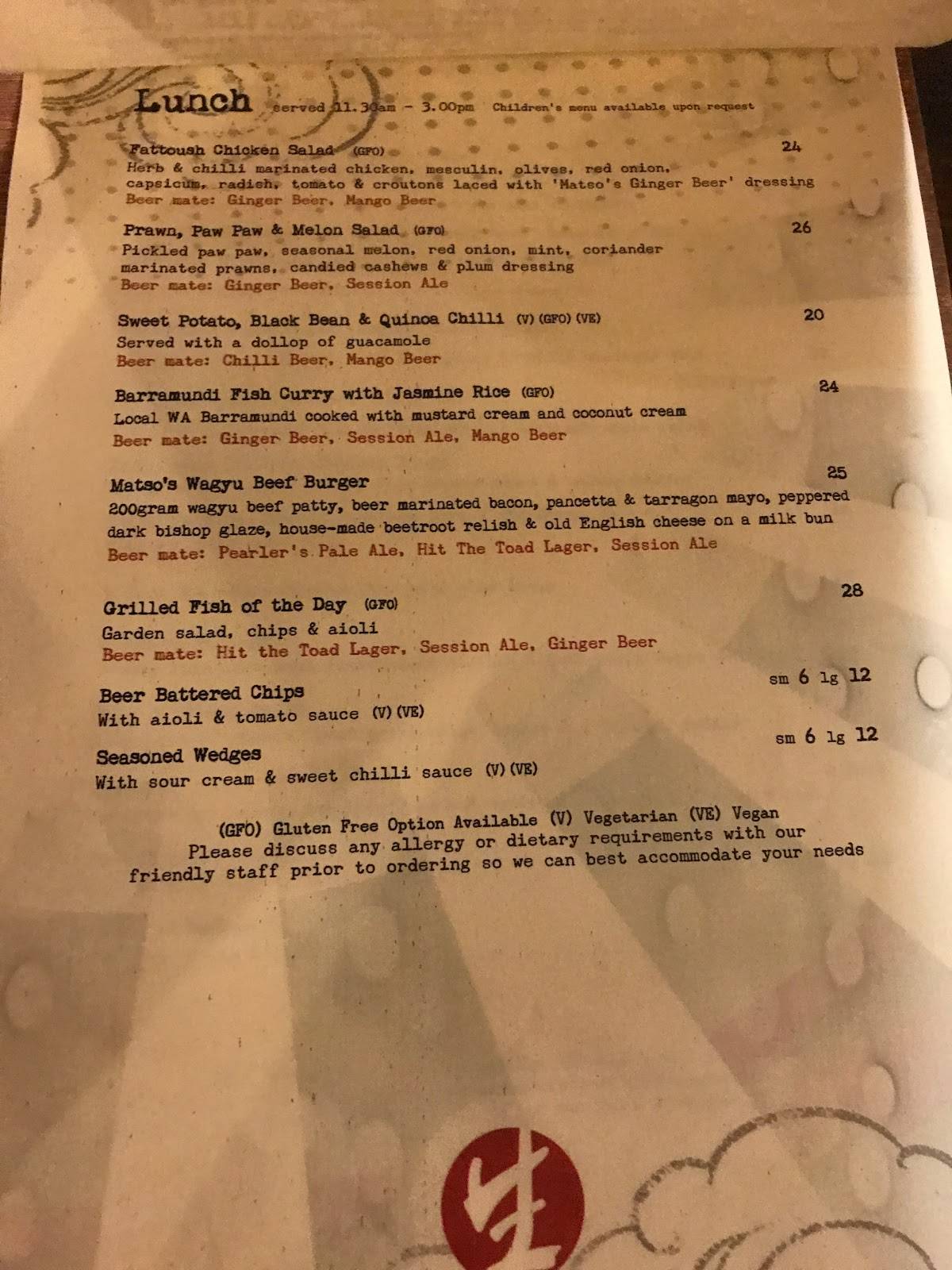 Menu at Matso's Broome Brewery restaurant, Broome, 60 Hamersley St