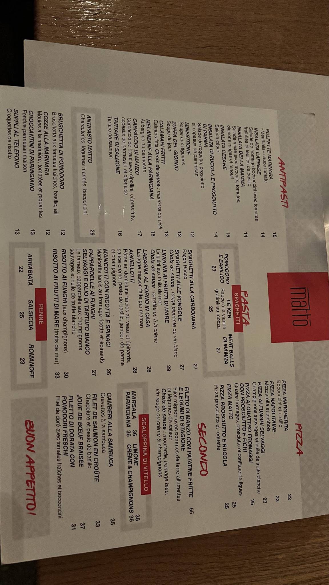 Menu at Matto restaurant, Québec City, 71 Rue Saint-Pierre