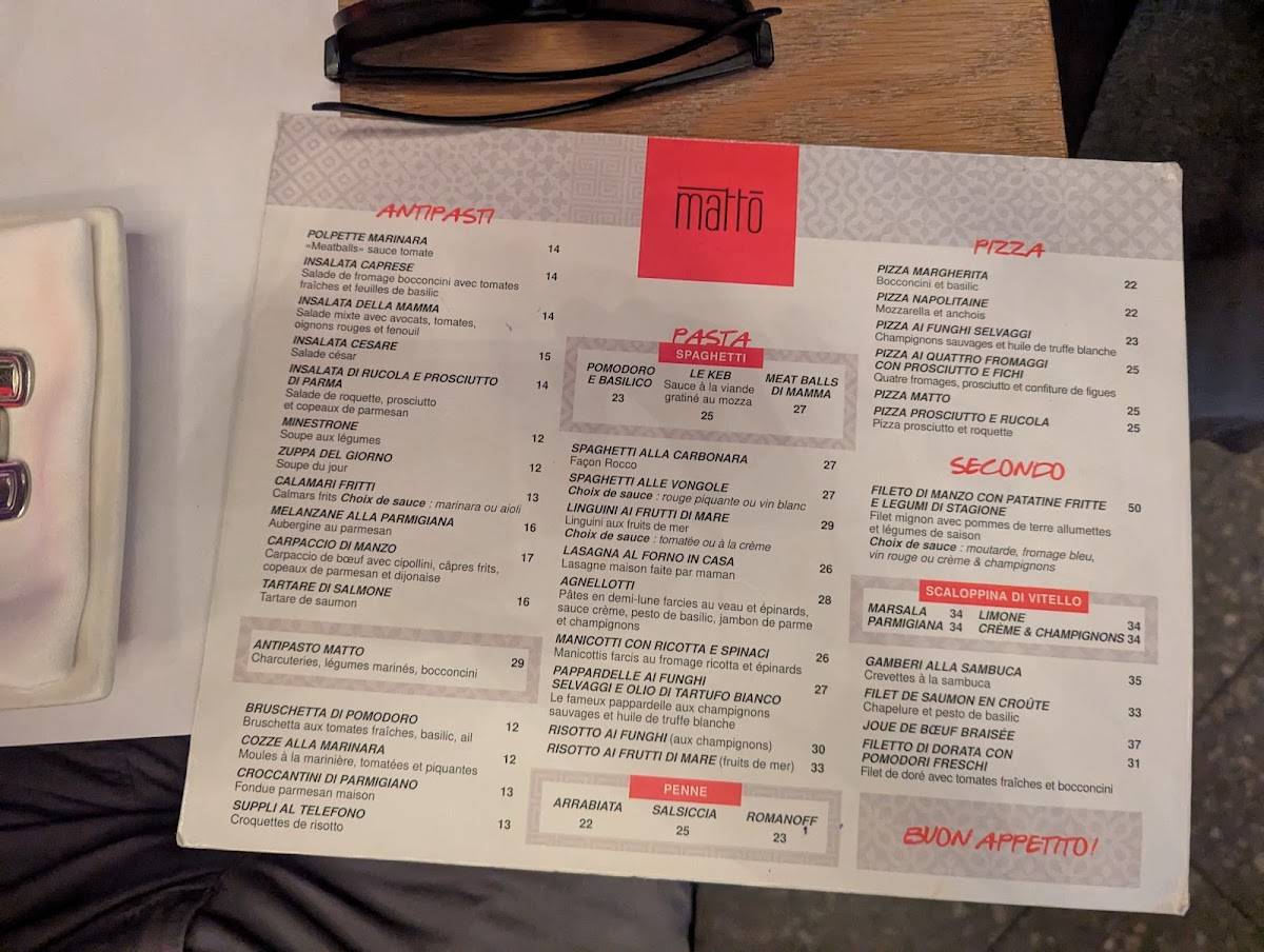 Menu au Il Matto restaurant, Québec, 71 Rue Saint-Pierre