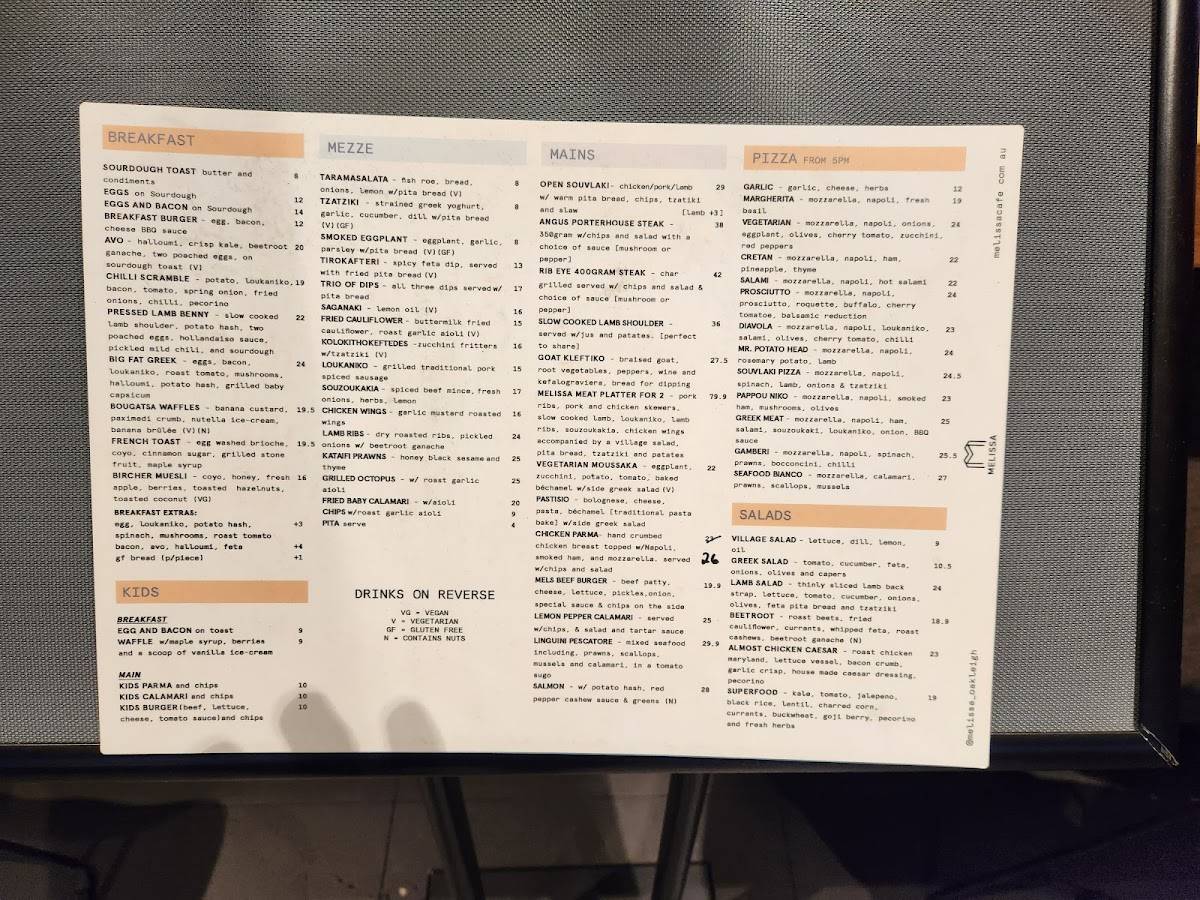Menu at Melissa Oakleigh restaurant, Oakleigh