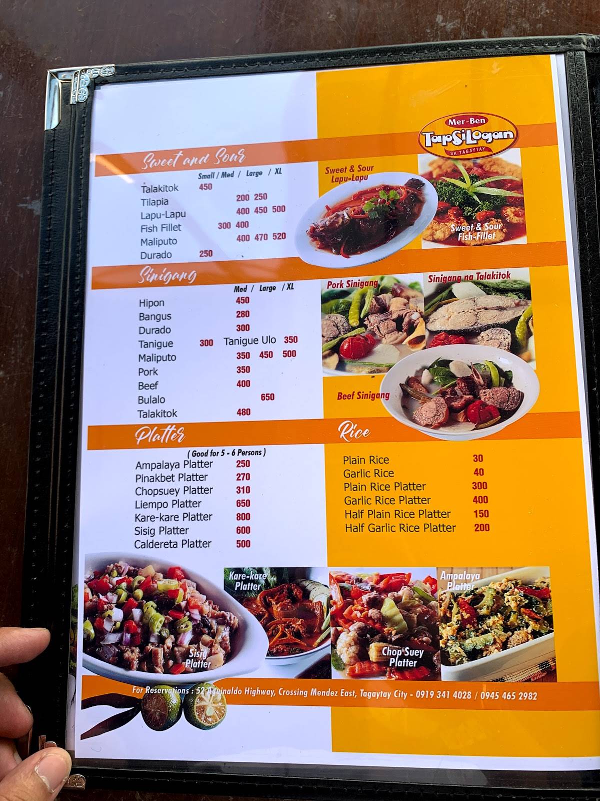 Menu at Mer-Ben Tapsilogan restaurant, Laurel, 53 Emilio Aguinaldo Highway