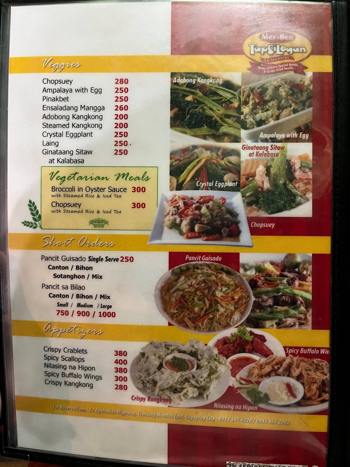 Menu at Mer-Ben Tapsilogan restaurant, Laurel, 53 Emilio Aguinaldo Highway