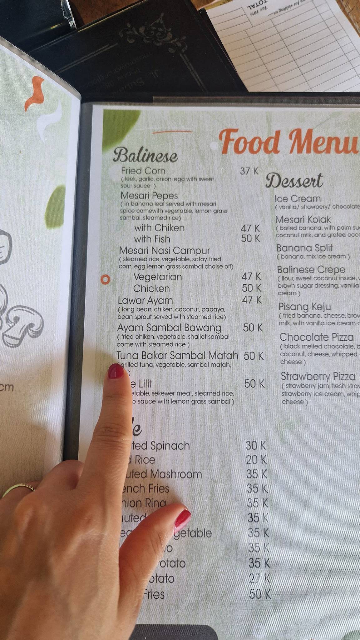 Menu at Mesari Restaurant, Ubud