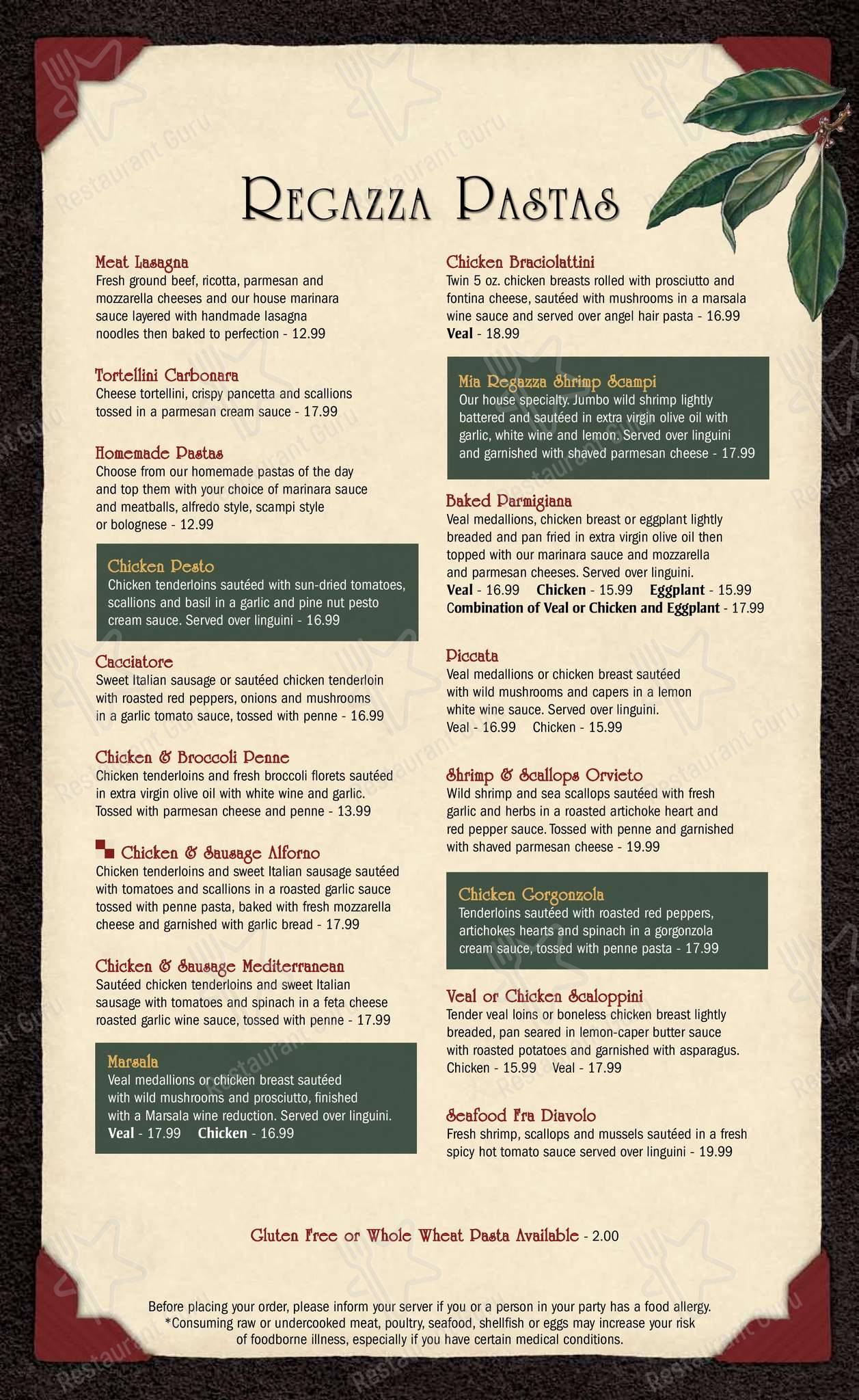 Menu at Mia Regazza restaurant, Abington