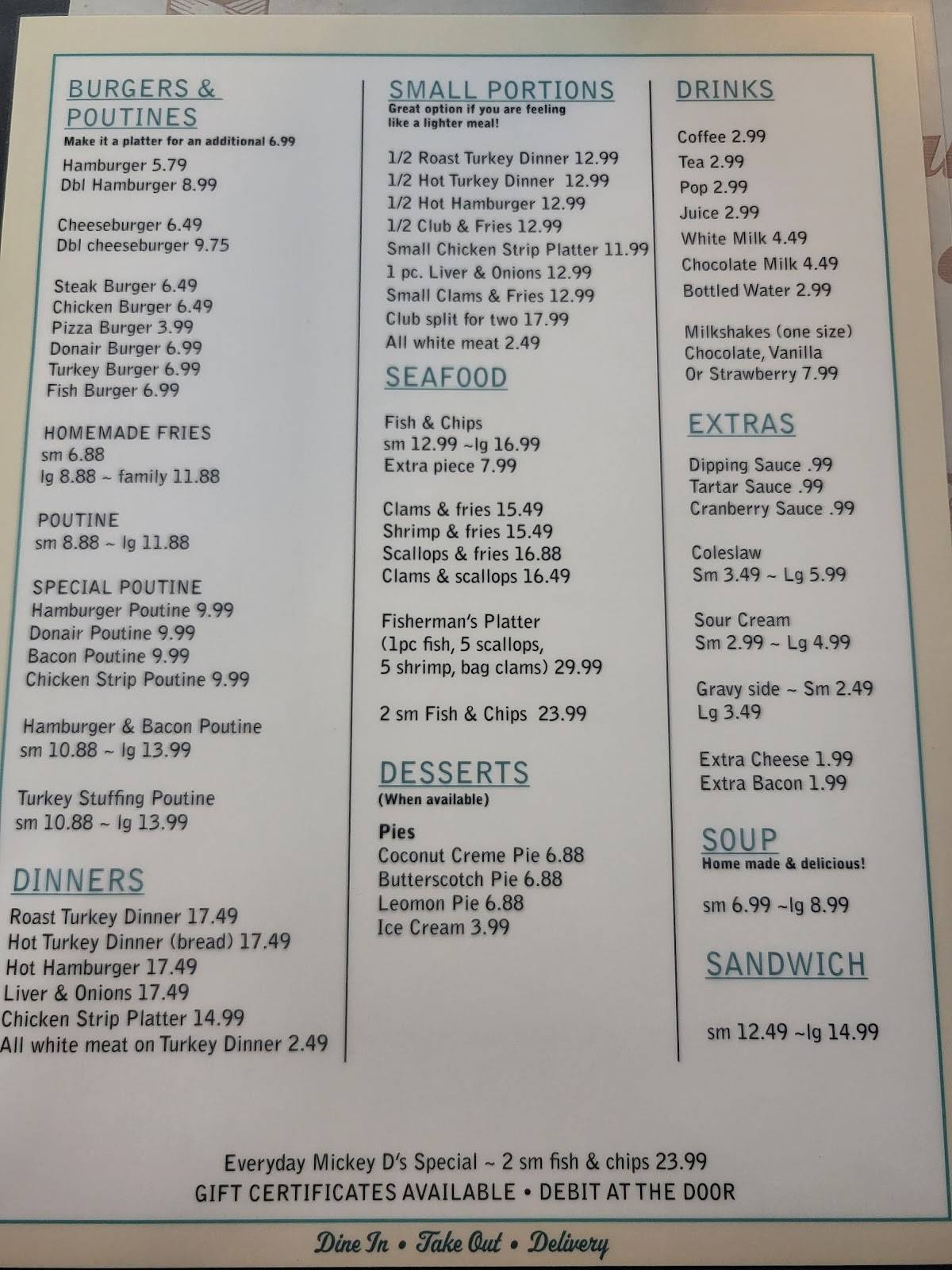 Menu at Mickey D's restaurant, New Waterford