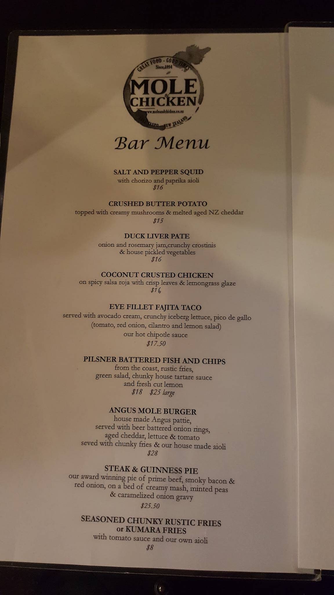 Menu at Mole & Chicken restaurant, Taupo