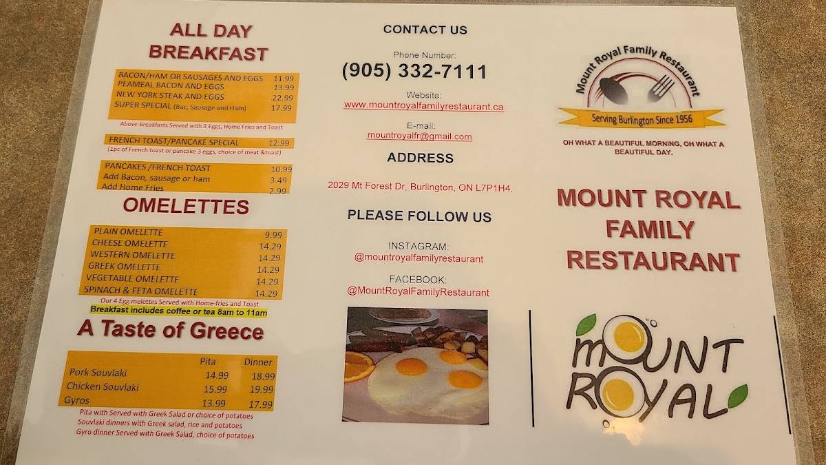 Carta de Mount Royal Family Restaurant, Burlington