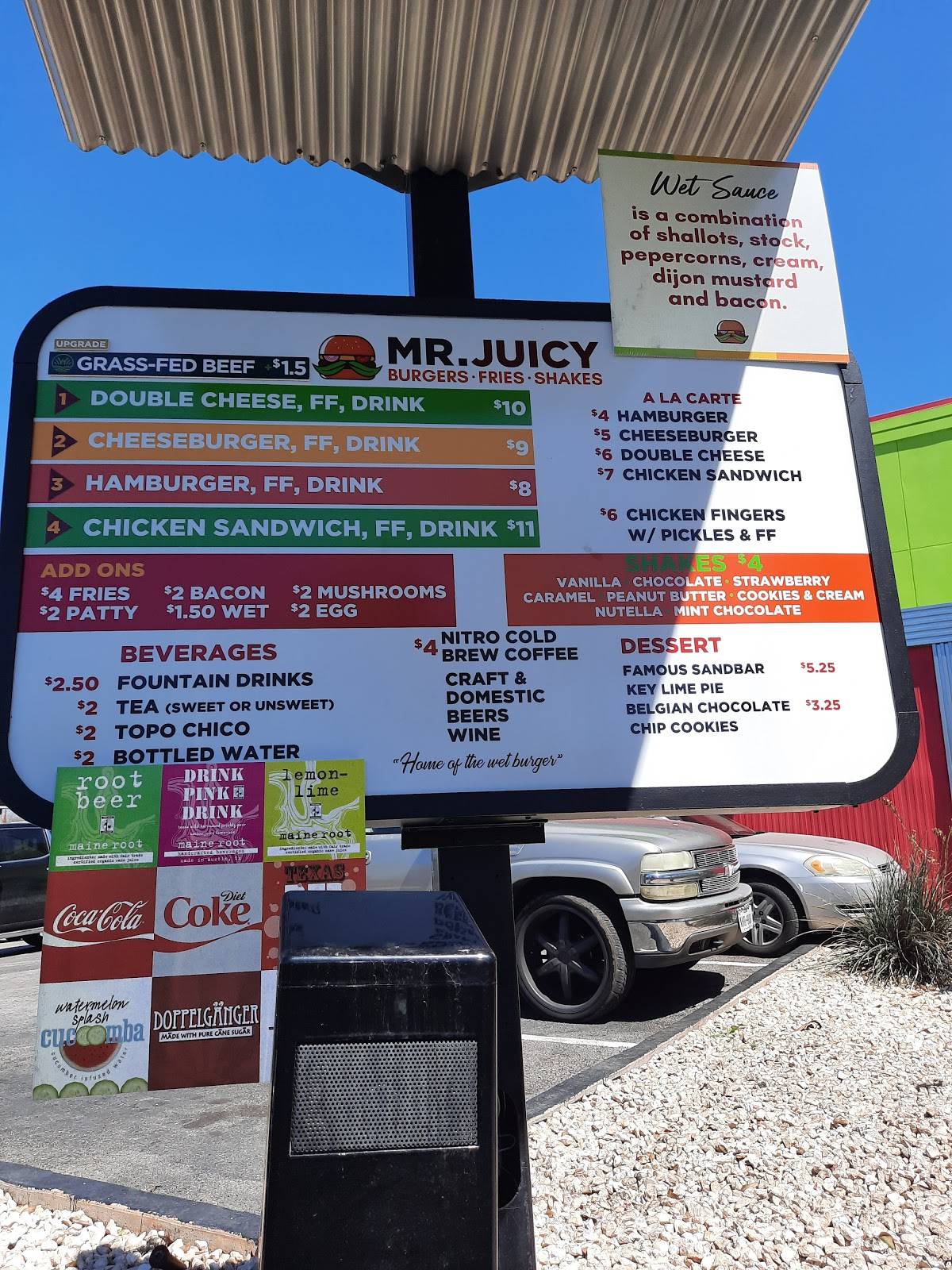 Menu at Mr Juicy restaurant, San Antonio