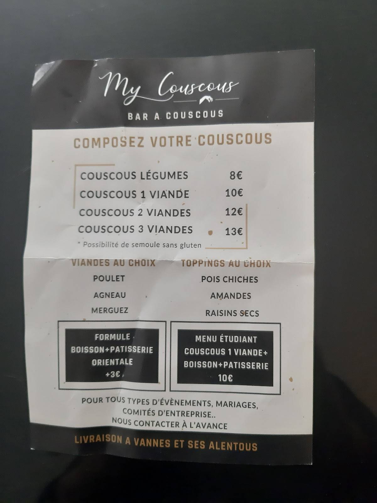 Menu at My Couscous restaurant, Vannes