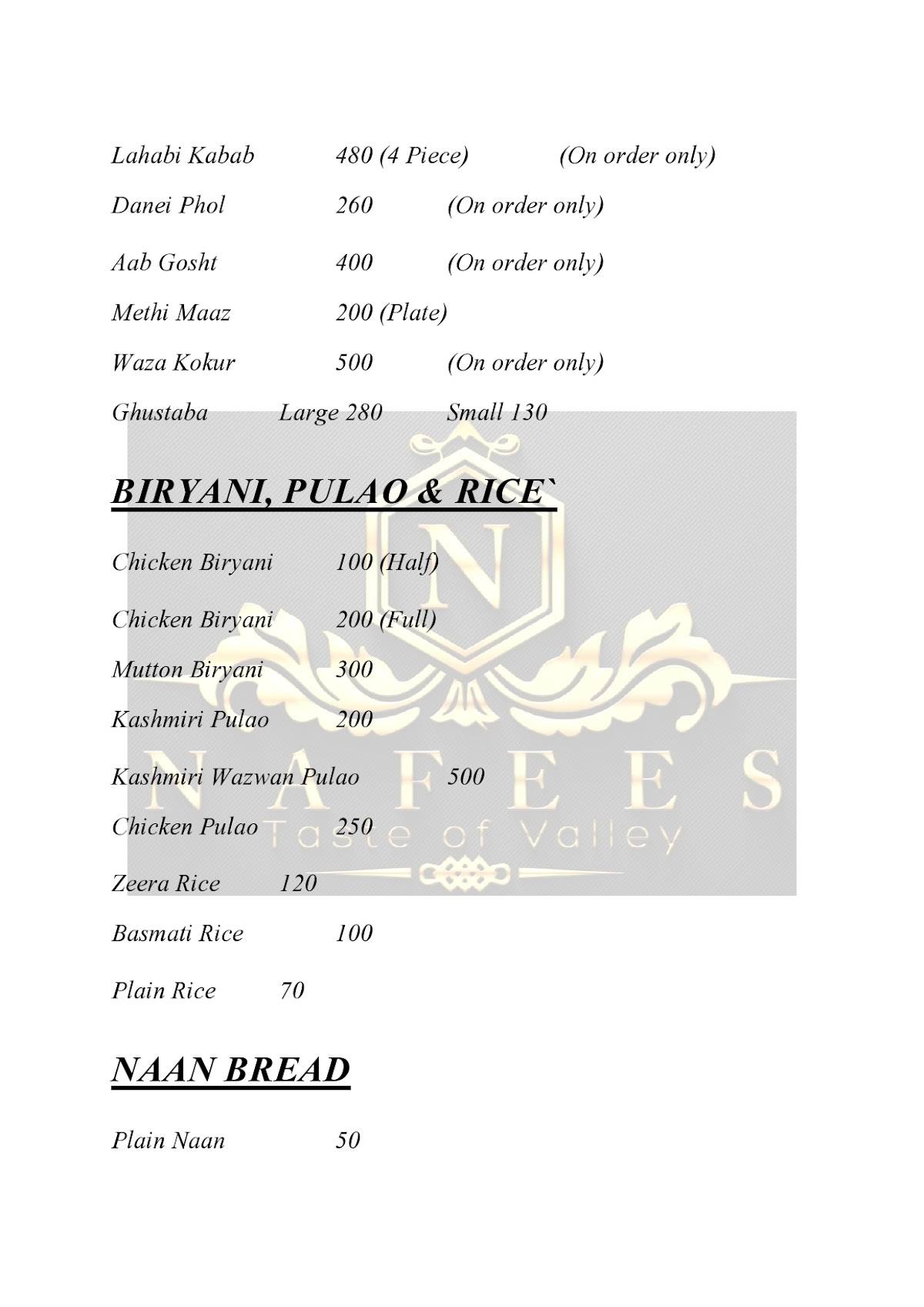 Menu at Nafees - Taste of Valley, India