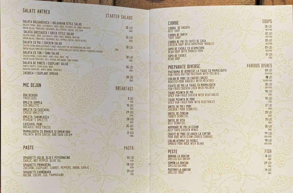 Menu at Nea Mitica, Bucharest, Strada Vadul Moldovei 15