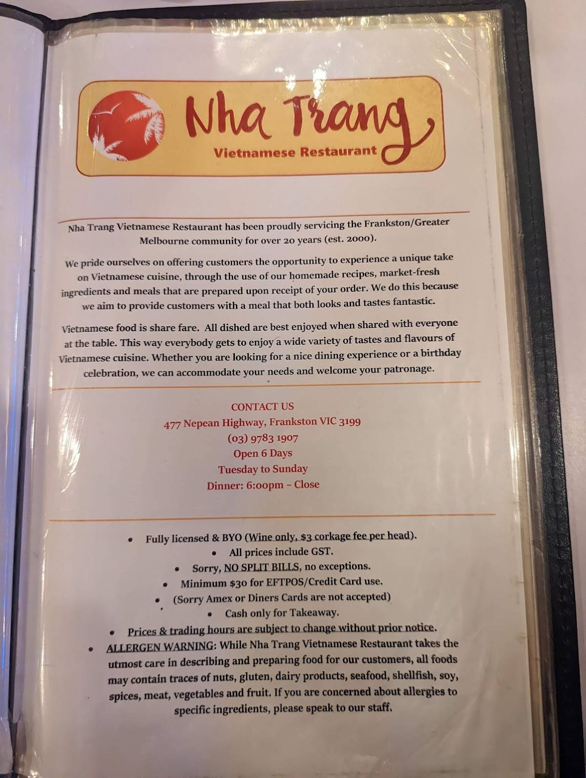 Menu at Nha Trang Restaurant, Frankston
