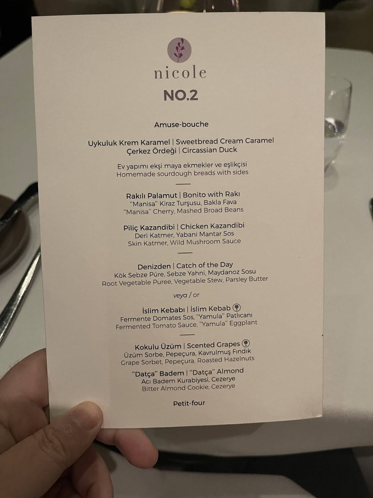 Menu at Nicole, Istanbul, Tomtom Kaptan Sk. No:18