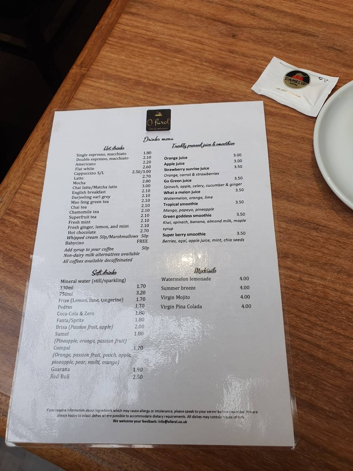 Menu at O Farol restaurant, Purley