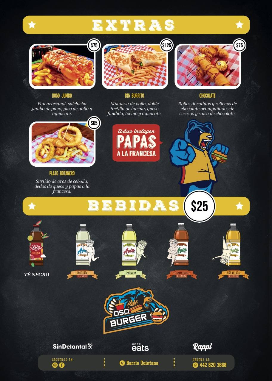 Menu at OSO BURGER Barrio Quintana, Santiago de Querétaro