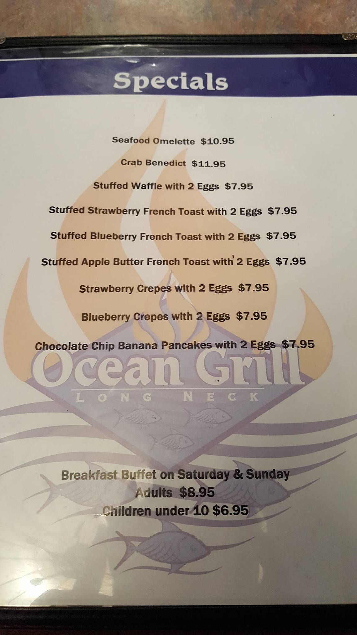 Menu at Ocean Grill Longneck restaurant, Long Neck