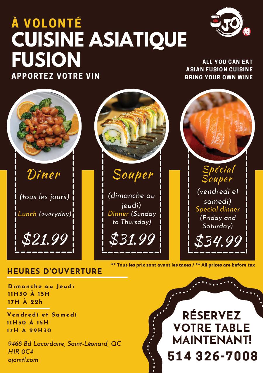 Menu au Ojo sushi restaurant, Montréal