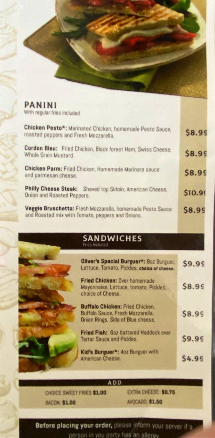 Menu at Oliver’s Café restaurant, Leominster