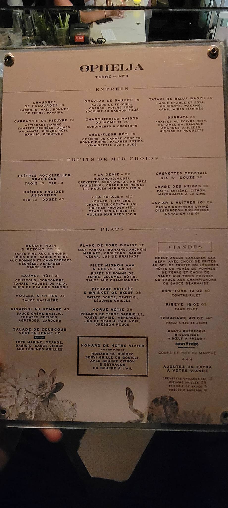 Menu au Restaurant Ophelia, Québec