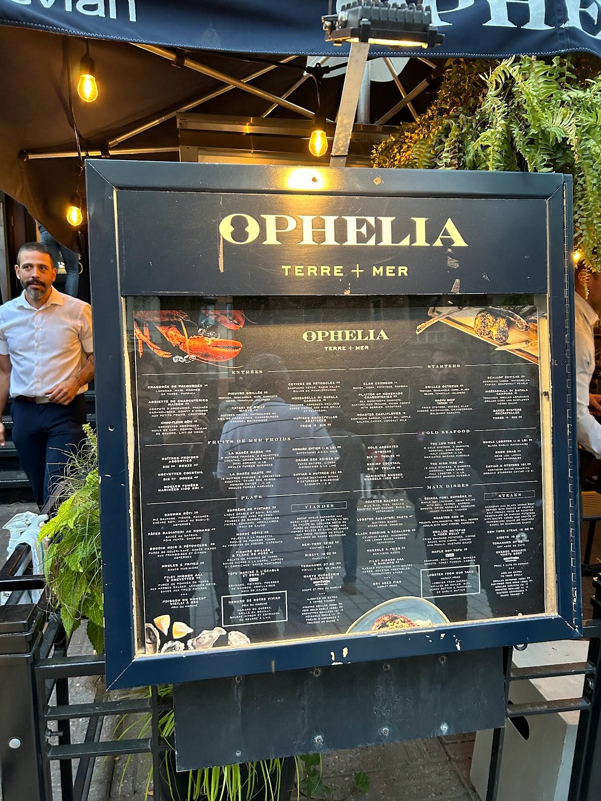 Menu au Restaurant Ophelia, Québec