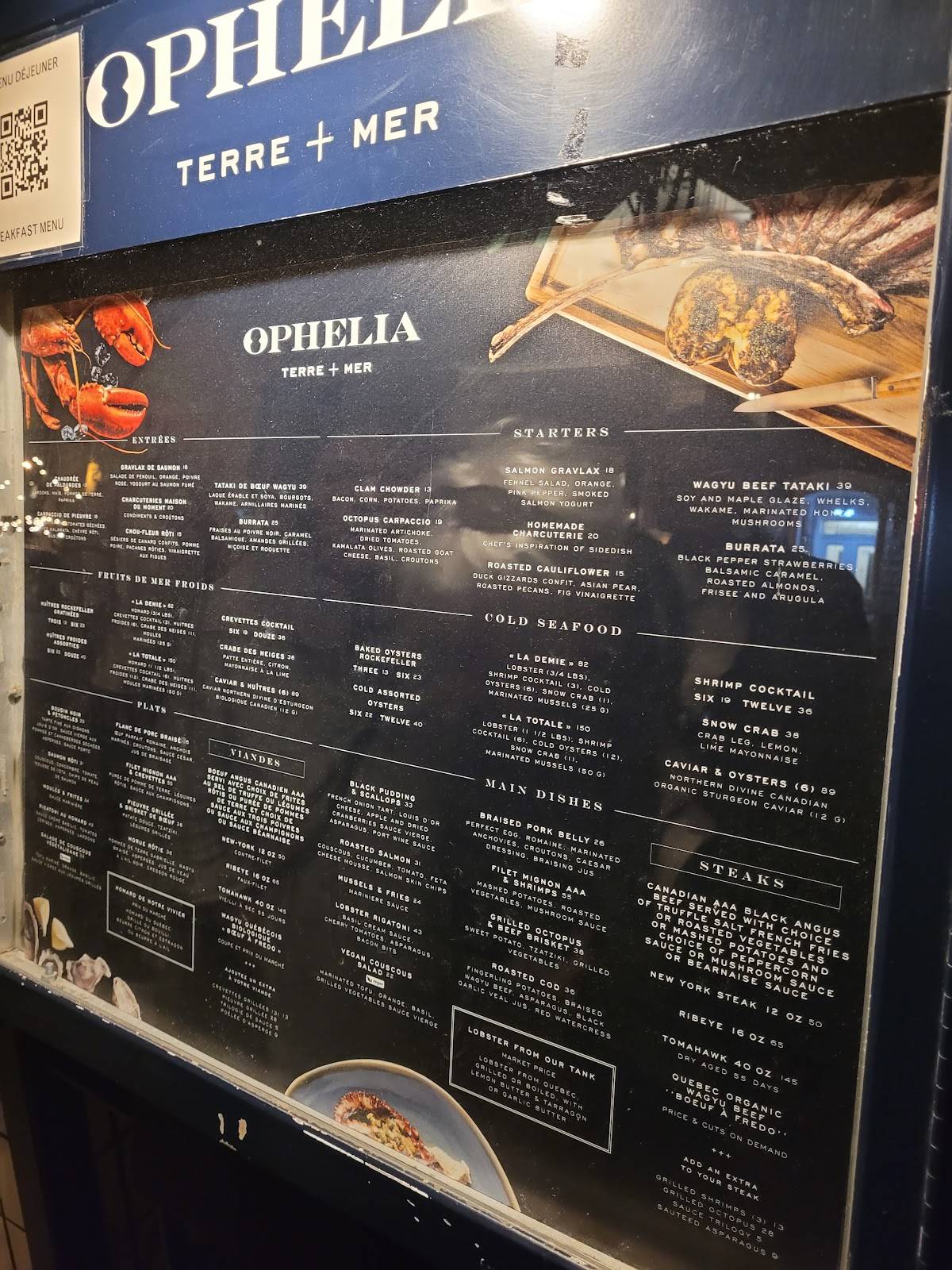 Menu au Restaurant Ophelia, Québec