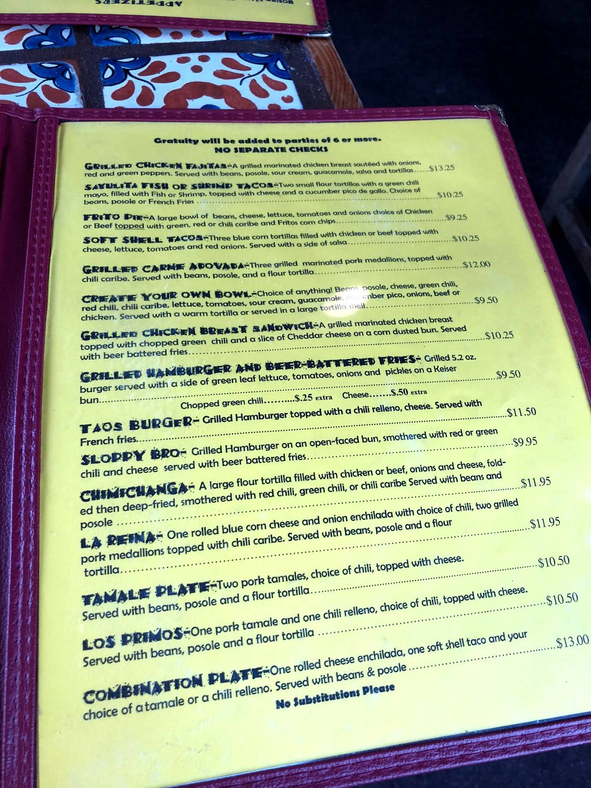 Menu at Orlando's restaurant, Taos, Don Juan Valdez Ln