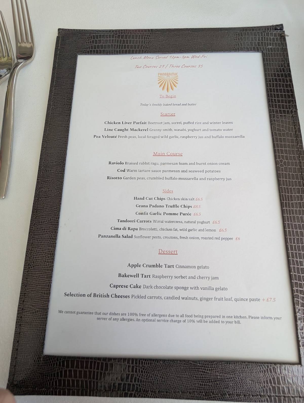Menu at Panoramic 34 restaurant, Liverpool