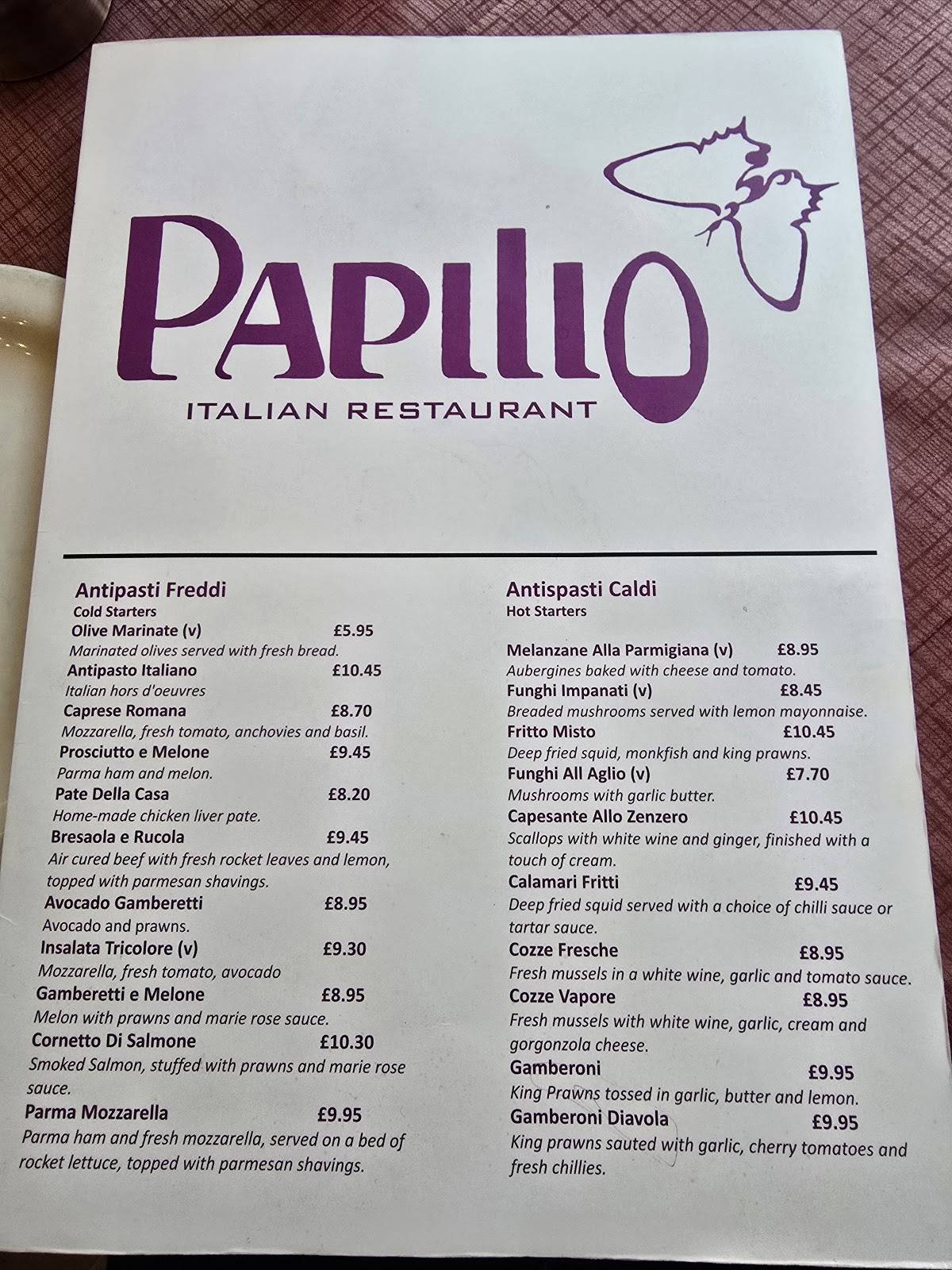 Menu at Papilio restaurant, Edinburgh
