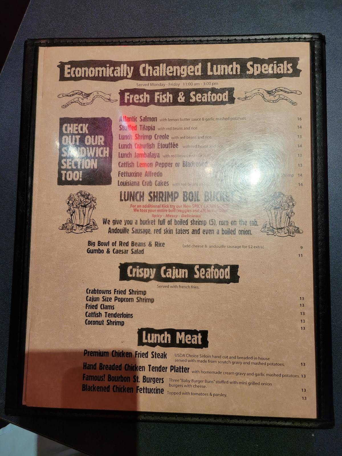 Menu at Pearl's Crabtown restaurant, Oklahoma City