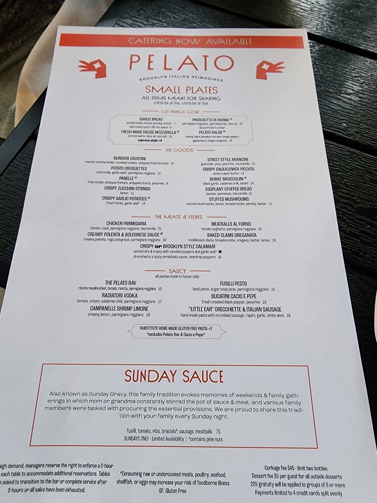 Menu at Pelato restaurant, Nashville