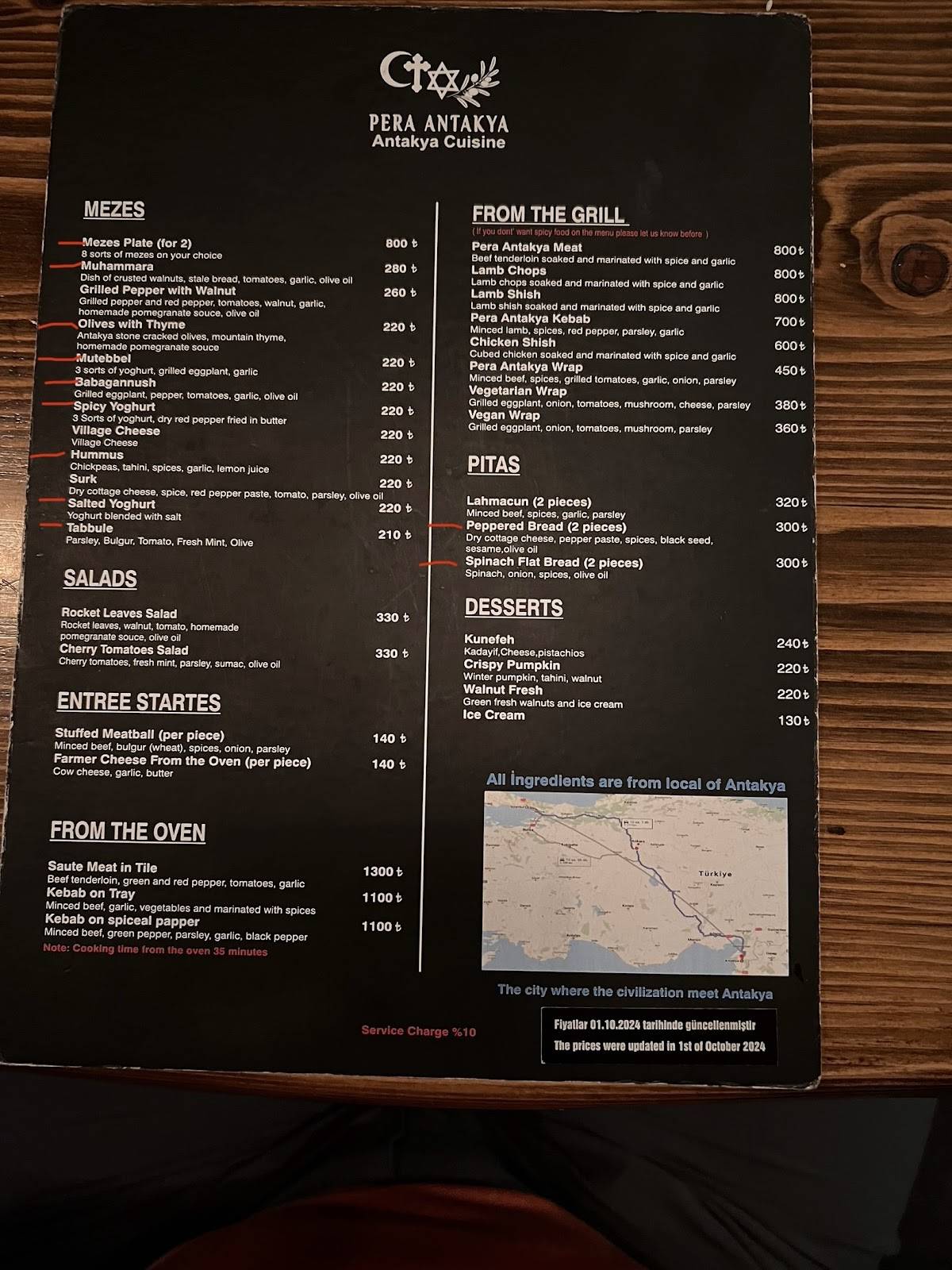 Menu at Pera Antakya, Istanbul